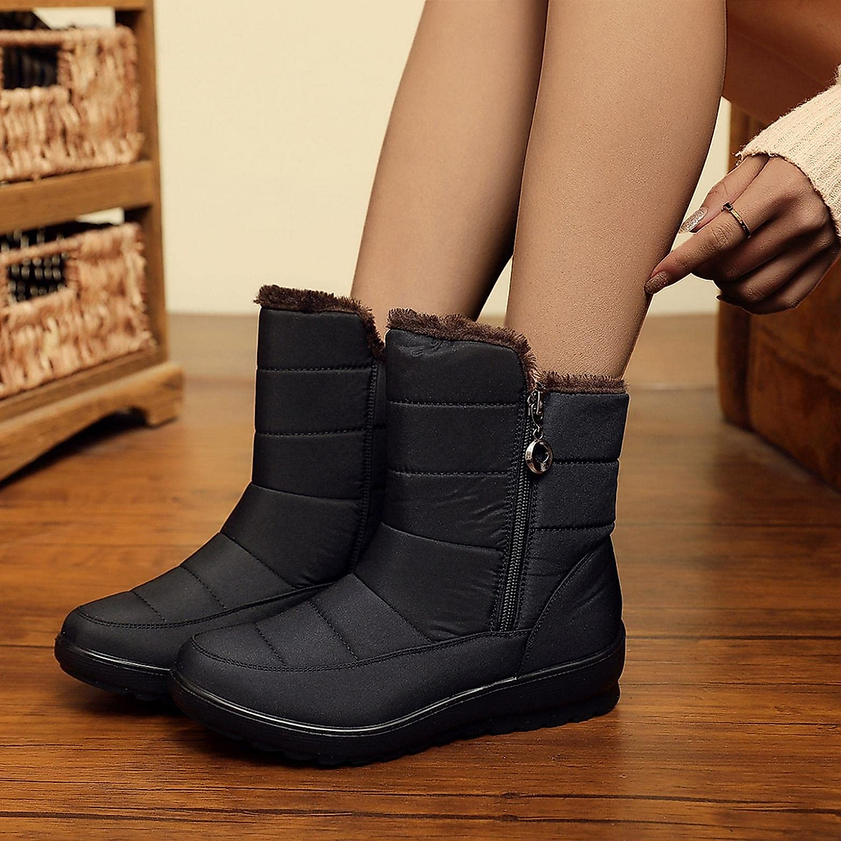 Padaleks Women's Snow Boots Winter Fur Lined Warm Shoes Anti-Slip Boot Waterproof Outdoor Short Bootie Side Zipper