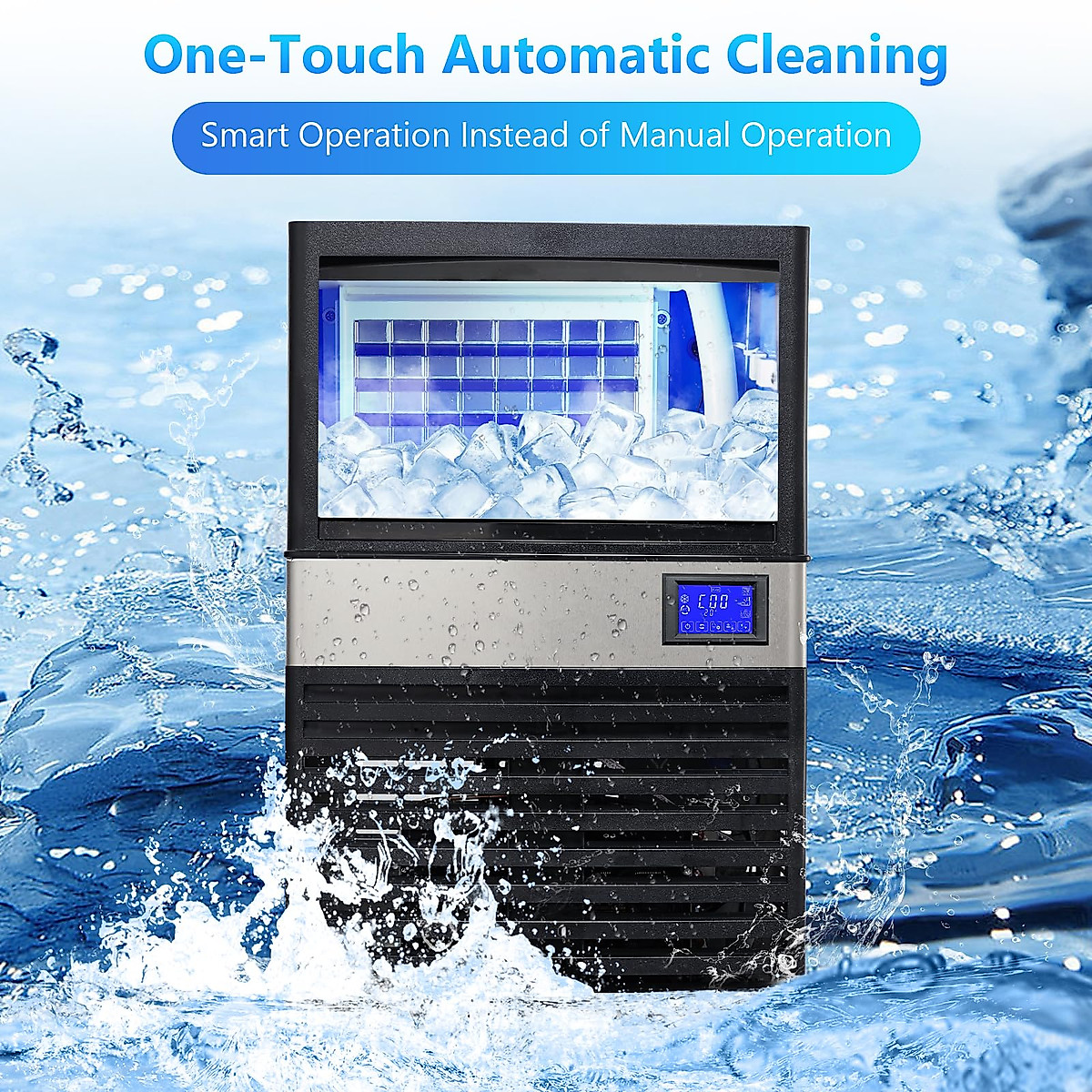 Pioneerworks Commercial Ice Maker Machine 110lbs/24H, Under Counter Ice Machine Self Cleaning with 27lbs Storage, LCD Panel and Blue Light, Stainless Steel Ice Maker for Restaurant/Home/Bars/Coffee