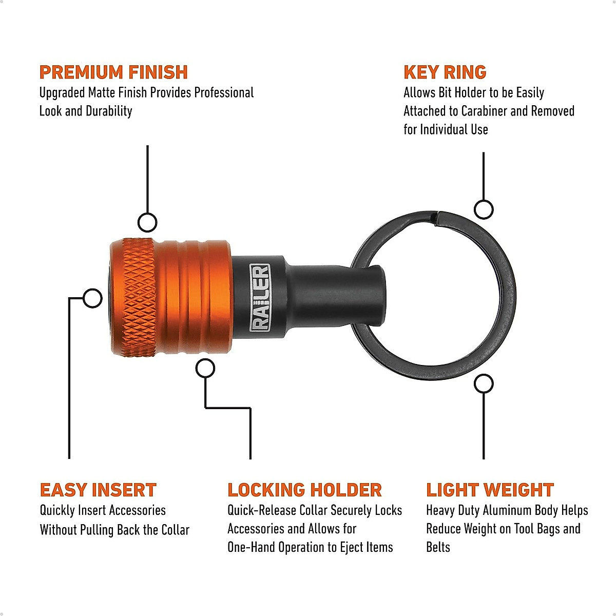 Railer Bit Holder Keychain 5pc - 1/4 inch Hex Shank Bit Holders - Quick Release Bit Holder For Nut Driver, Screwdriver & Drill Bits w/Key Chain Carabiner