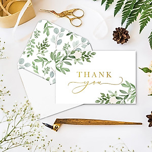 AnyDesign 24 Pack Thank You Cards with Envelopes Stickers Watercolor Green Leaves Blank Note Cards Bulk Eucalyptus Leaf Thank You Greeting Cards for Wedding Baby Shower Bridal Shower, 4 x 6 Inch