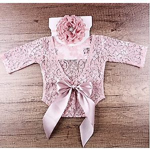 Baby Photography Props Outfit Lace Rompers Newborn Girl Photo Shoot Outfits Flower Headband Princess Costume (Snow bud color)