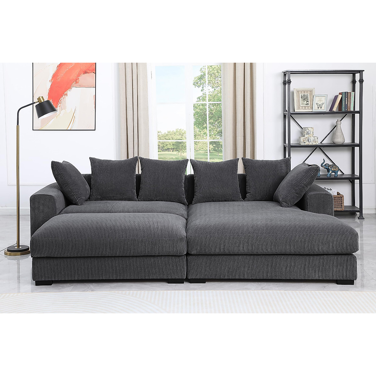 DREAMODERN 109.75'' Sectional Sofa Couch with Removable Ottoman, Luxury Upholstered Sofa Corduroy Fabric Couch with Chaise Lounge 6 Pillows for Living Room Home Office - Drak Gray
