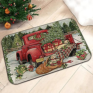 Red Truck Christmas Tree Rug:Anti-Slip Washable Christmas Truck Doormat,Christmas Kitchen Mat Suitable for Bedroom Bathroom Kitchen Mat Holiday Decoration (Truck Christmas Tree 6, 60X90cm)