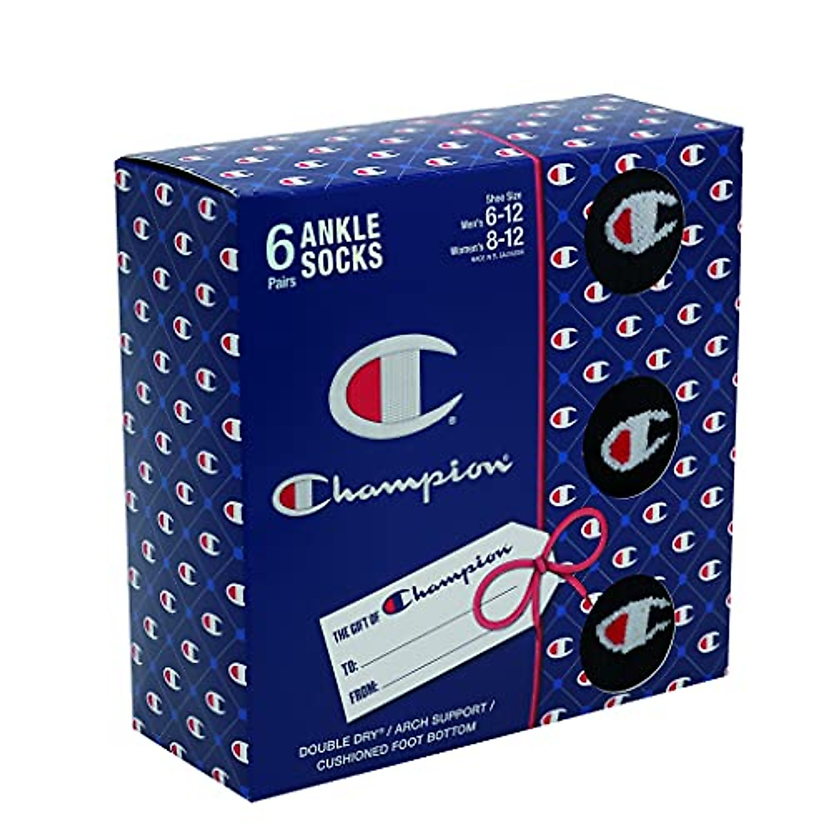 Champion Men's Ankle Sock (Pack of 6 Pair) with Gift Box, Black, 6-12