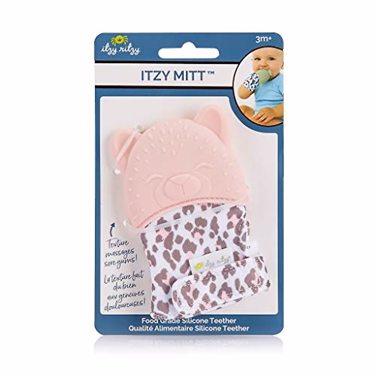Itzy Ritzy Silicone Teething Mitt - Soothing Infant Teething Mitten w/Adjustable Strap, Crinkle Sound, Textured Silicone to Soothe Sore & Swollen Gums, Baby Teething Toy for 3 Mos & Up, Blush Leopard