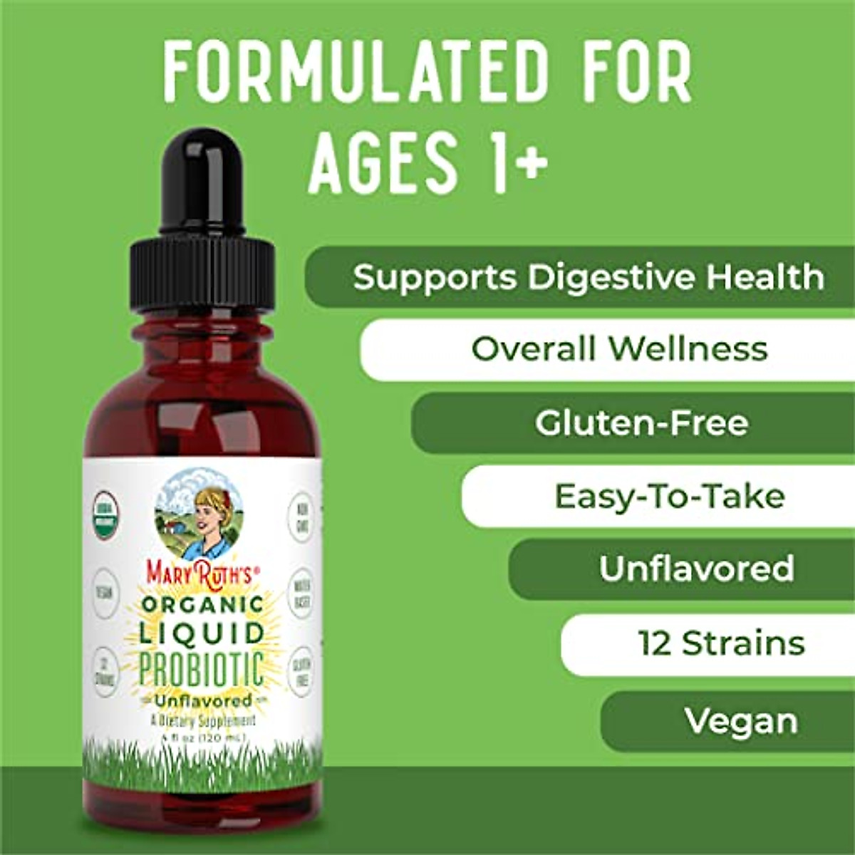 Probiotics for Women Men & Kids | USDA Organic Probiotics for Digestive Health | Acidophilus Probiotic | Gut Health & Immune Support Supplement | Vegan | Non-GMO | Gluten Free | 4 Fl Oz