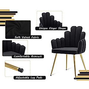 CIMOTA Black Dining Chairs Set of 2 Velvet Upholstered Comfy Living Room Chairs Modern Finger Shape Back Vanity Chair with Arms for Makeup Room/Bedroom, 2PCS