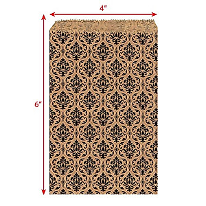 Mooca 200 pcs Damask Paper Gift Bags Shopping Sales Printed Bags Paper Bags Packaging Bags Candy Bags Popcorn Bags Cookie Bags Treat Bags Bags for Packaging, 4''W x 6''H, Brown with Black Damask