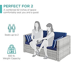 Best Choice Products 2-Person Outdoor Patio Loveseat Sofa, Modular Wicker Couch Furniture Conversation Set w/ 2 Accent Pillows, Adjustable Feet, 550lb Weight Capacity - Gray/Navy