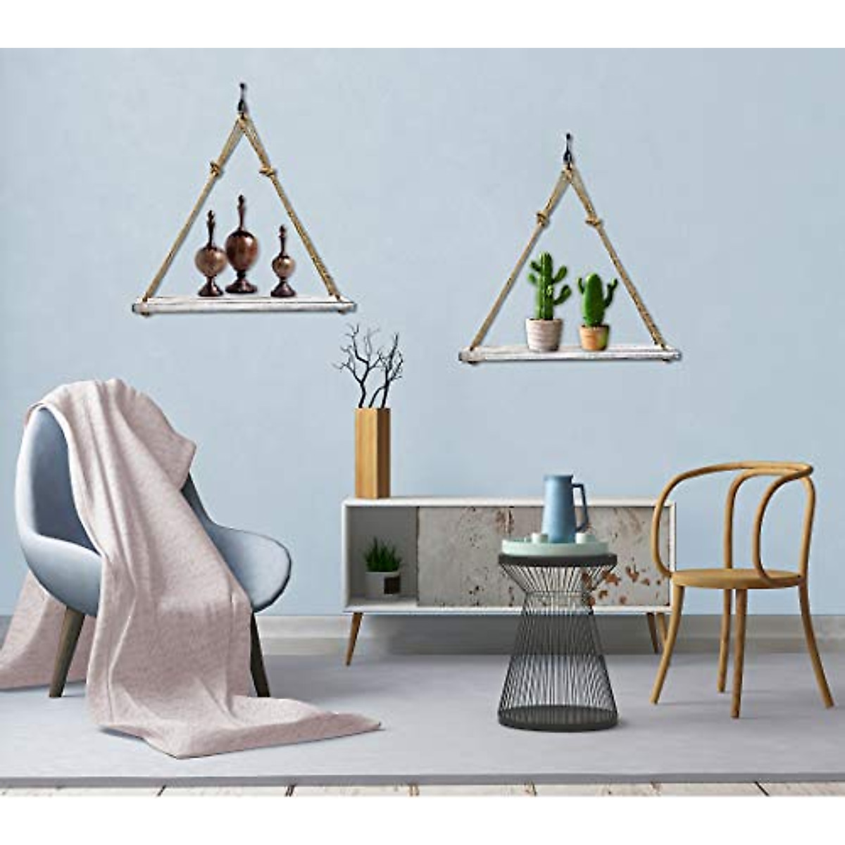 Wood Rope Hanging Floating Shelves Set of 2, Hanging Shelves for Wall Decor, Window Rope Wood Hanging Plant Shelf, Wall Hanging Rope Shelves for Living Room, Bedroom, Bathroom and Kitchen ( White)