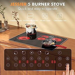 Jessier Electric Cooktop 30 Inch - 5 Burners Built-in Ceramic Cooktop, 30" Electric Stove Top with Glass Protection Metal Frame, 9 Heating Level, 8400W, 220-240V for Hard Wire(No Plug)