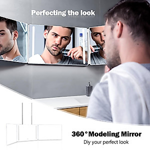 JANMPASK LED 3 Way Mirror for Self Hair Cutting Mirror Vanity Mirror Barber Supplies Accessories 360 Makeup Mirror with Light Trifold Mirror to See Back of Head (White with Light)
