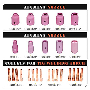 63PCS TIG Welding Torch Accessories Kit TIG Welding Torch Supplies Welding Collet Gasket Back Cap Stubby Gas Lens Glass Cup Alumina Nozzle Accessoory Kit for WP-17/18/26