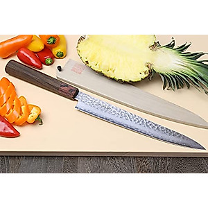 Yoshihiro VG-10 46 Layers Hammered Damascus Sujihiki Japanese Slicer Knife (9.5'' (240mm) Rosewood Handle)