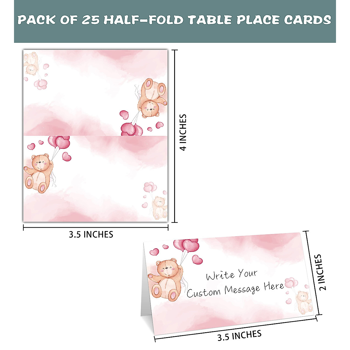 Table Place Card for Baby Shower, 25 Pcs Tent Cards Set with Blush Pink Bear Ballon Design, Editable Name Cards for Table Seating, Party Food Lables, We Can Bearly Wait Baby Shower Decorations(01)