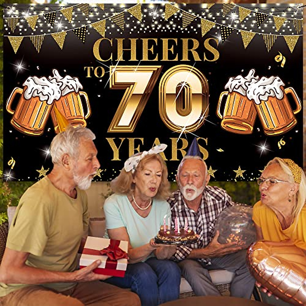 70th Birthday Decorations Banner for Men Women, Cheers To 70 Years Birthday Party Sign, 70 Years Old Birthday Backdrop, Black Gold 70th Anniversary Photo Props for Outdoor Indoor, Large, Vicycaty