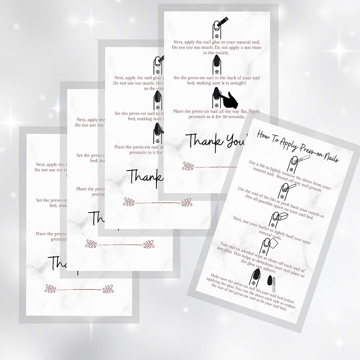 Press-On Nail Application Instructions Cards | 50 Pack | 2x3.5" inch Business Card Size | DIY Press-On Nail Kit | Marble with Rosey Gold Design