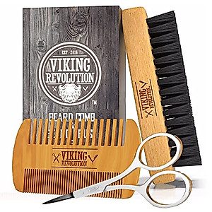 Viking Revolution Beard Comb & Beard Brush Set for Men - Natural Boar Bristle Brush and Dual Action Pear Wood Comb w/Velvet Travel Pouch - Great for Grooming Beards and Mustaches
