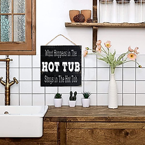 CustonCares What Happens in The Hot Tub Stays in The Hot Tub Wooden Plaque Sign Artwork Decoration Personalized Signs Country Wood Plank Hanging Sign for Nursery Bedroom Porch 12x12in