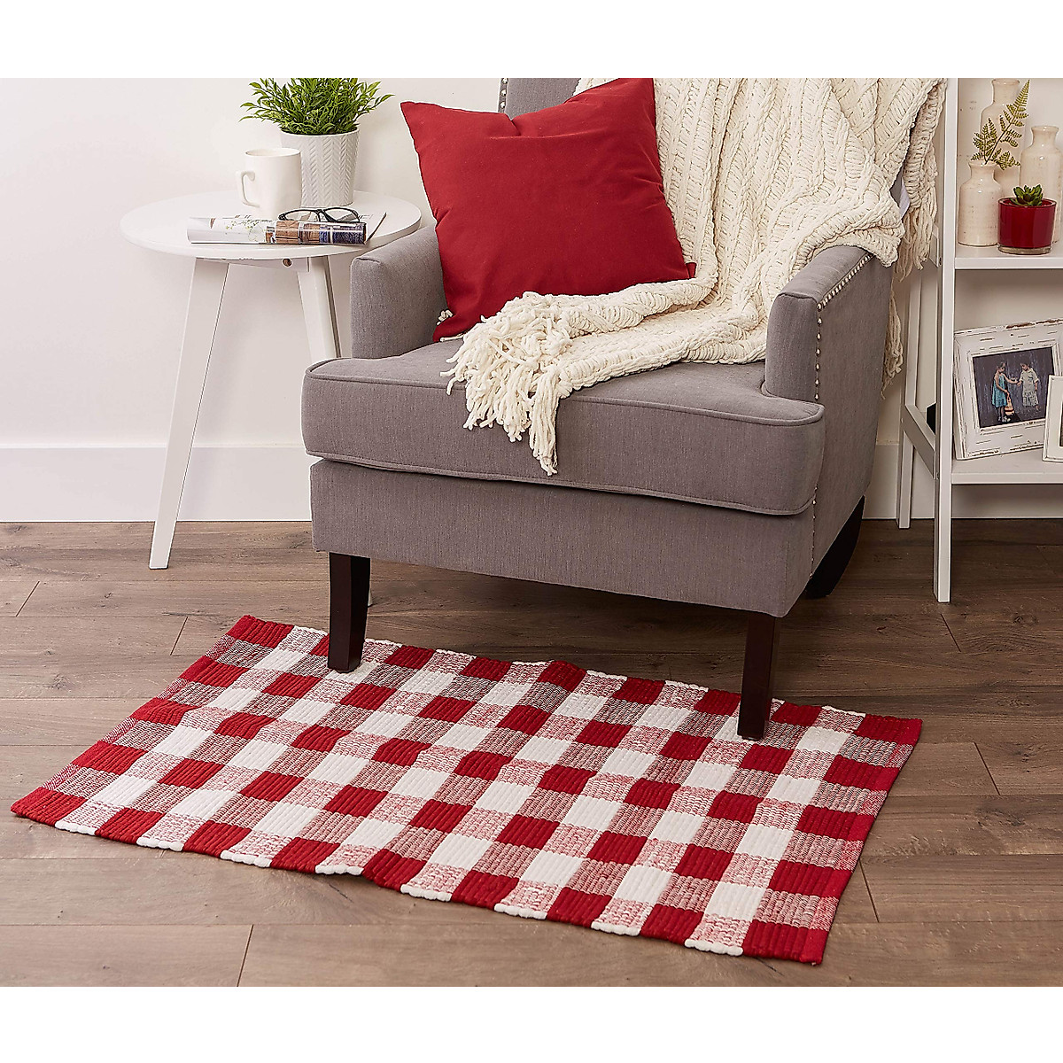 DII Buffalo Check Rug Collection, Hand Dyed Reversible Chindi Rug, 26x40, Red