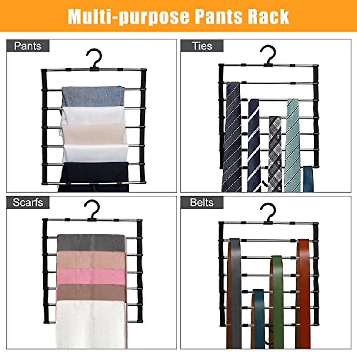 Frqianly Pants Hangers Space Saving, 2 Pack Multiple Pants Hangers for Closet, Jean Hangers Scarf Holder Closet Space Saving Hangers, Pants Rack Leggings Hanger Space Saver Closet Organization（Black）