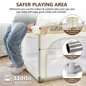 OUNUO Baby Playpen, 35x35" Play Pens for Babies and Toddlers Small Play Yard, Sturdy Safety Baby Fence Play Area for Limited Space, 360° Visible Playard with Gate and Anti-Slip Suckers - Beige