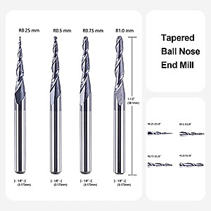 SpeTool 4Pcs/Pack Assorted R0.25~1.0 Tip 1/8" Tapered End Mill Cone Ball Nose Carbide Bit CNC Cutter for Carving Engraving