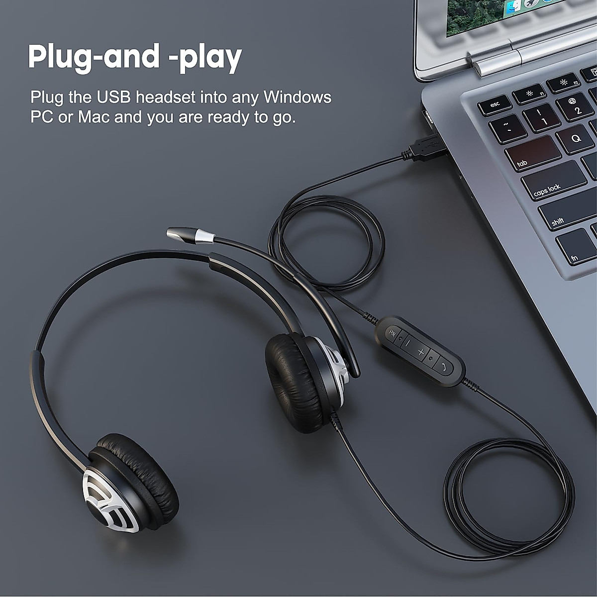 MKJ Wired USB Headset with Microphone, Noise Cancelling USB Headphone for PC/Laptop, Computer Headset for Call Center & Home Office, Works with Skype, Zoom, Ms Teams, WebEx Conference, Online Meeting