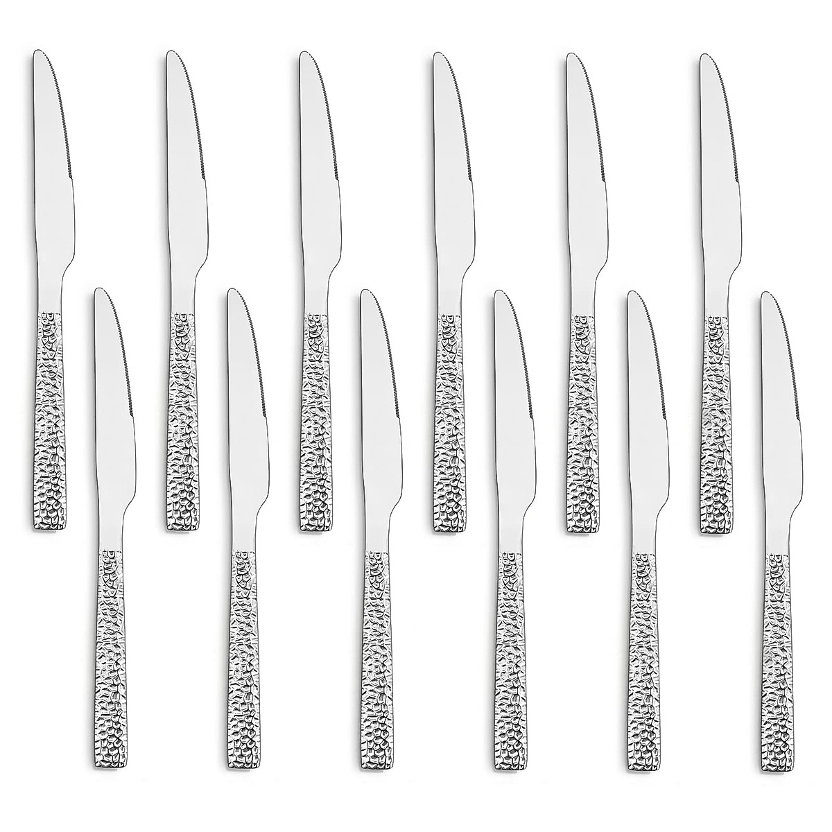 E-far Hammered Dinner Knives Set of 12, 8.9 Inch Stainless Steel Serrated Steak Butter Knife for Home Kitchen Restaurant, Modern Design & Square Edge, Mirror Finish & Dishwasher Safe