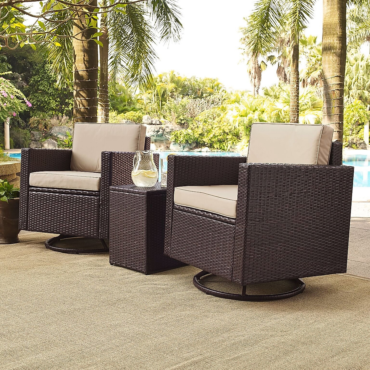 Crosley Furniture KO70058BR-SA Palm Harbor Outdoor Wicker 3-Piece Seating Set (2 Swivel Chairs and Side Table), Brown with Sand Cushions