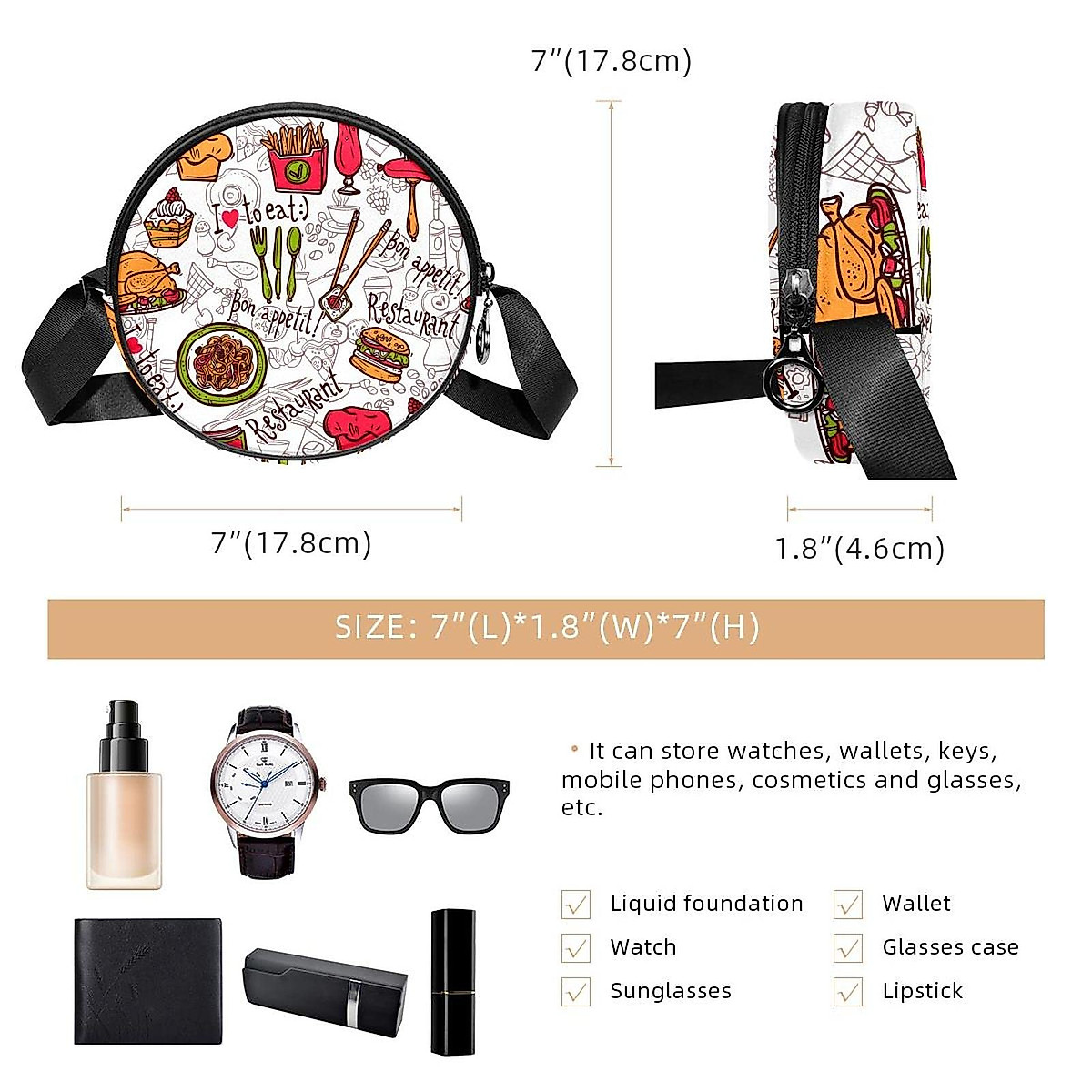 Food Pattern Crossbody Bag for Women Circle Purse Shoulder Handbag Wallet Crossbody Purse Bag