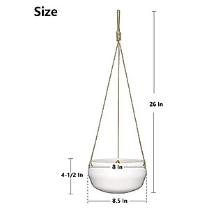 Mkono 8 Inch Ceramic Hanging Planter for Indoor Plants Modern Outdoor Porcelain Hanging Plant Holder Geometric Flower Pot with Polyester Rope Hanger for Herbs Ferns Ivy, White