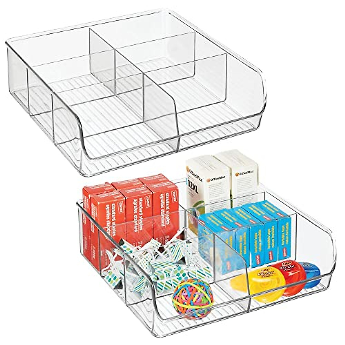 mDesign Plastic Home Office Wide Bin Organizer with 6 Compartments for Cabinets, Closets, Drawers, Desks, Tables, Workspace - Staple, Notepad, Paperclip Holder - Ligne Collection - 2 Pack - Clear