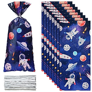 120 Pack Outer Space Party Bags PVC Galaxy Theme Bags Astronaut Plastic Candy Bags Outer Space Themed Candy Bags Cellophane Goodie Bags with 150 Silver Twist Ties for Birthday Party Favors Supplies