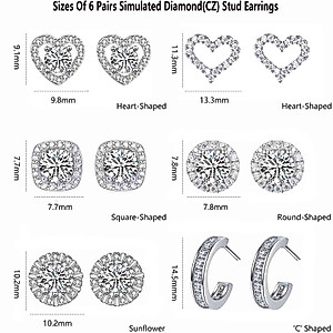 6 Pairs Simulated Diamond Stud Earrings for Women Hypoallergenic Sterling Silver CZ Stud Earring Set Cubic Zirconia Stud Earrings 14K White Gold Plated