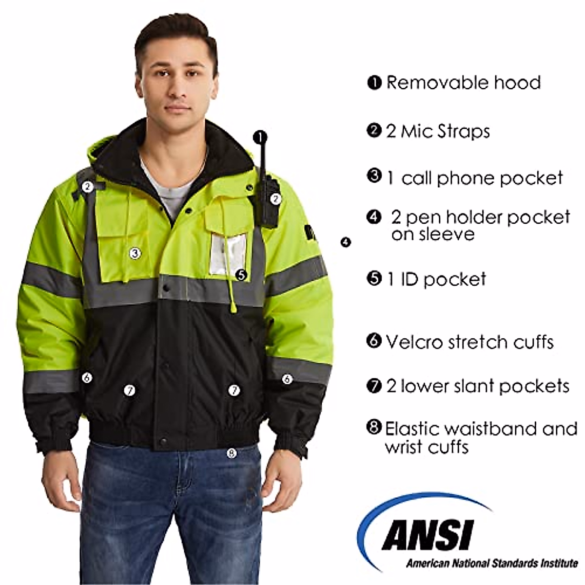 SKSAFETY High Visibility Reflective Jackets for Men, Waterproof Class 3 Safety Jacket with Pockets, Hi Vis Yellow Coats with Black Bottom, Mens Work Construction Coats for Cold Weather, 2XL, 1 Pack