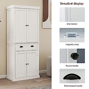Locsear 71.65" Kitchen Pantry Cabinet, Traditional Freestanding Tall Storage Cabinet Cupboard with 4 Doors, 1 Drawer, and 4 Shelves, White