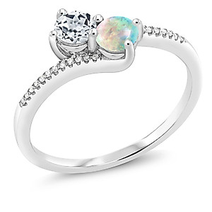Gem Stone King 10K White Gold Forever United 2 Stone White Topaz and White Simulated Opal and Diamond Engagement Ring For Women (0.75 Cttw, Round, Avaiable in Size 5,6,7,8,9)