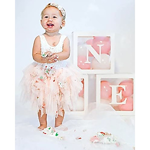 First Birthday Balloon 'ONE' Boxes for Baby Girl WITH 24 Balloons - Baby 1st Birthday Girl Decoration Clear Cube Blocks 'ONE' Letters as Cake Smash Photoshoot Props First Birthday Decorations Backdrop