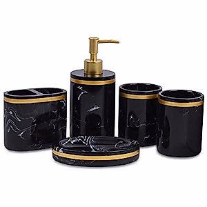 5-Piece Bathroom Counter Top Accessory Set - Dispenser for Liquid Soap or Lotion, Soap Dish, 2 Tumblers and Toothbrush Holder, Marble Pattern Resin (Classic Black)