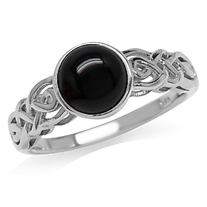 Silvershake 7mm Natural Round Shape Black Onyx White Gold Plated 925 Sterling Silver Celtic Knot Solitaire Ring Size 7
