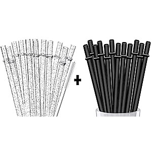 ALINK 12 Reusable Black Straws + 12 Clear Glitter Straws
