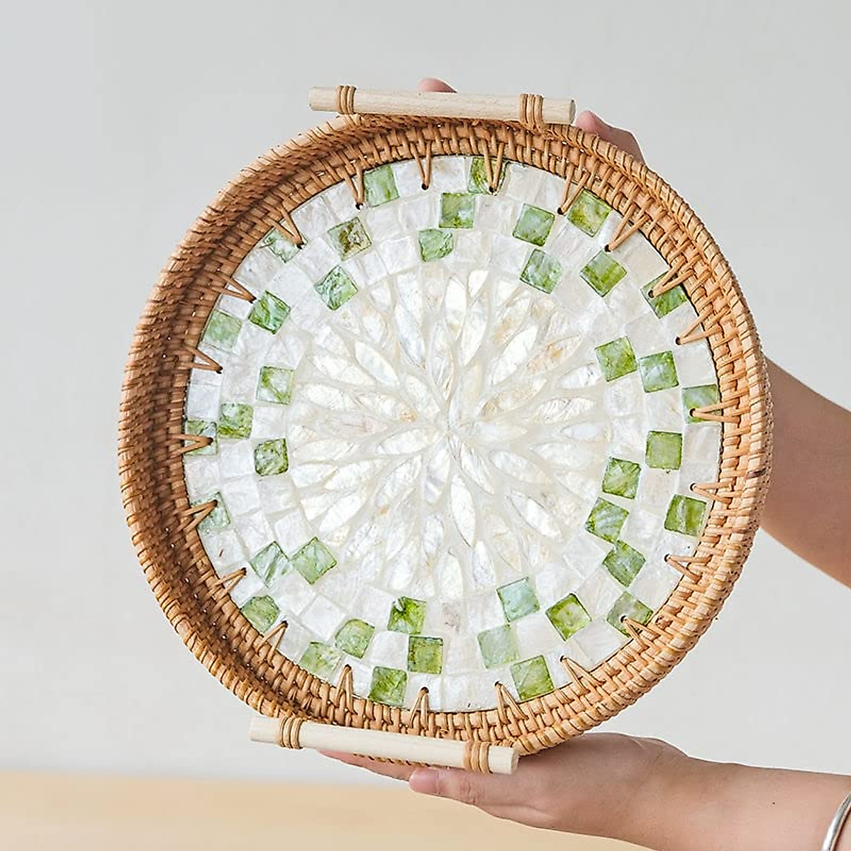 BAUHUS Set 3 Pack Round Rattan Wicker Tray with Mother of Pearl Inlay Wooden Handle for Fruit Serving, Coffee Table Tray, Vanity Tray Organizer for Kitchen, Storage and Display White Set 3