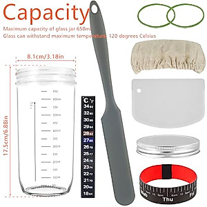 esidianzi Sourdough Starter Jar Kit 650ml Sourdough Starter Container Glass Sourdough Fermentation Jar Wide Mouth with Cloth Cover Spatula Scraper Thermometer Strip Elastic Band Rubber Band for Home