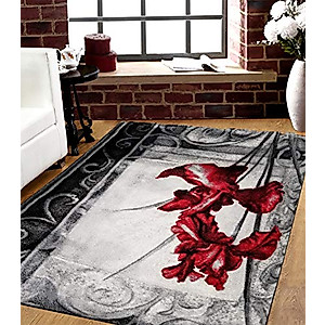 HT Design Rectangular Area Rug for Living Room, Floral Black and Red 7x10 Modern Rugs, Easy to Clean, Pet Friendly Indoor Carpet for Living Room