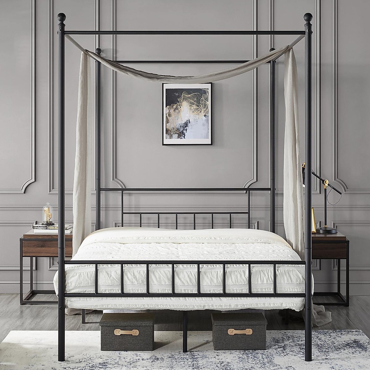 Yaheetech Canopy Bed Frames Platform Bed Frame Four-Poster Canopied Bed Mattress Foundation with Headboard and Footboard Sturdy Slatted Structure No Box Spring Needed Easy Assembly Full/Black