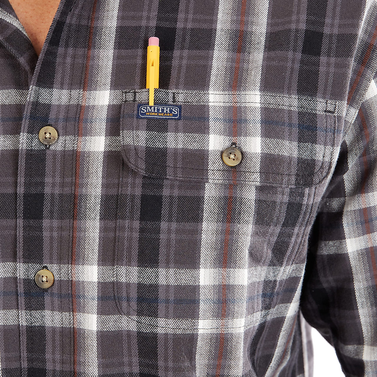 Smith's Workwear Men's Plaid Pocket Flannel Button-Up Shirt, Charcoal-445, XL