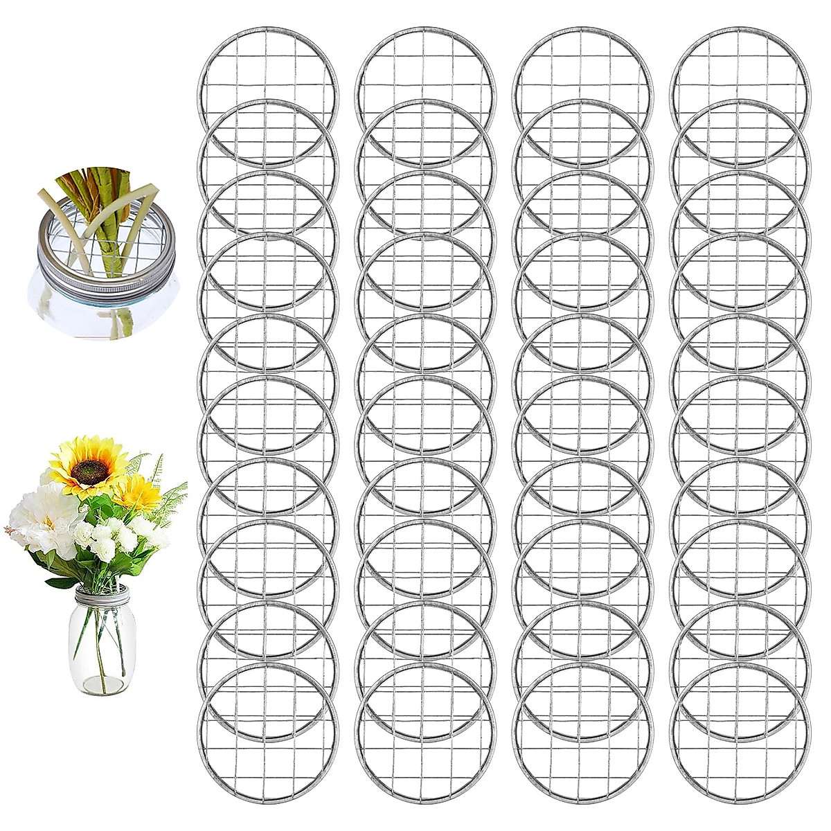 Oungy 40 PCS Mason Flower Jar Frog Insert Lid Metal Flower Lid Insert Mason Grid Flower Organizer Frog Lid Insert Mason Jar Lids with Square Grids for Regular Mouth Mason Canning Jars