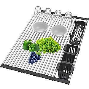 Extra Large Black Expandable Roll Up Dish Drying Rack Up to 25.1''with 2 Storage Baskets,Over The Sink Kitchen Rolling up Dish Drainer Dish Drying Rack in Sink, Foldable,Rollable,for Kitchen Dishes