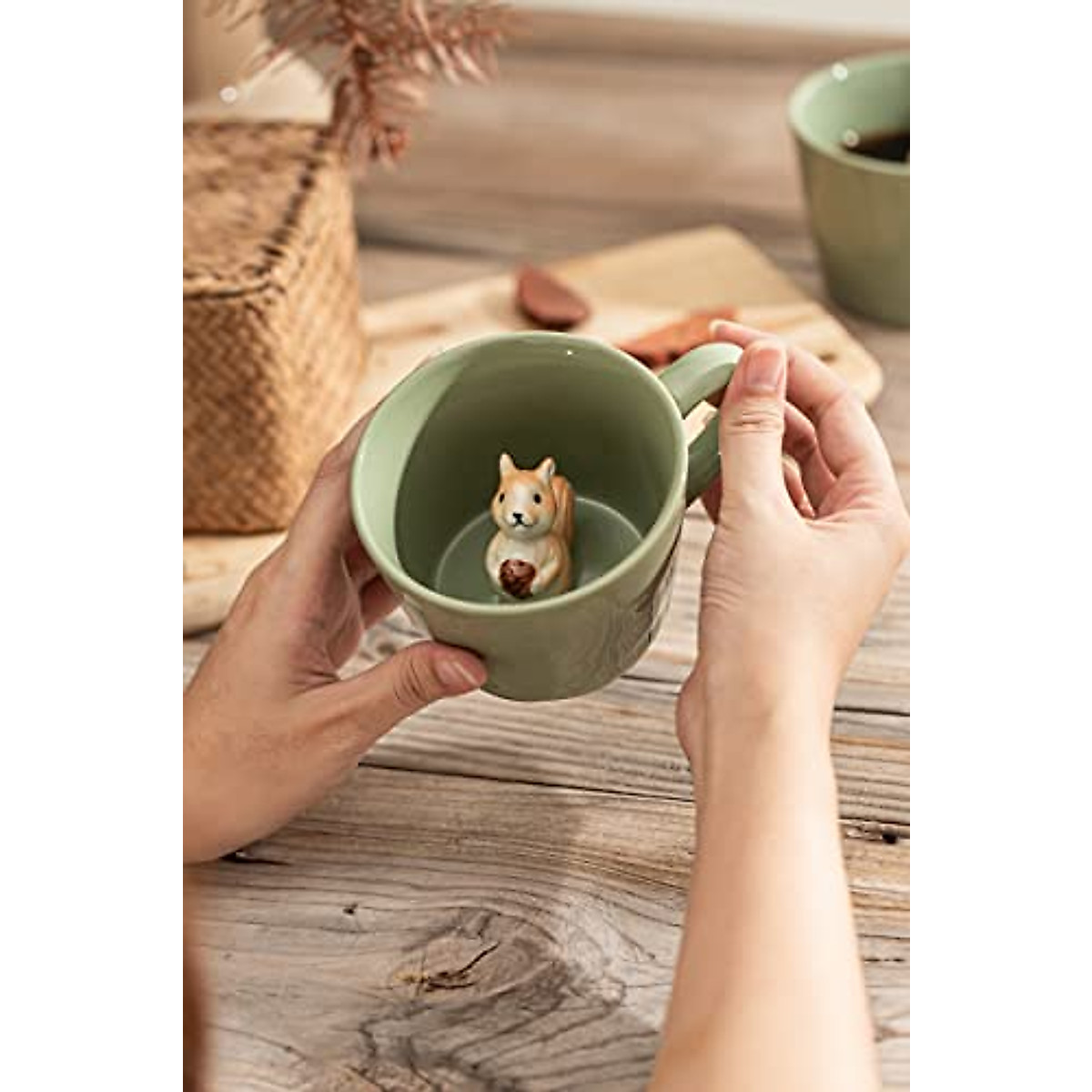 DIHOclub Squirrel Ceramic Cup Hidden 3D Animal Inside Mug,Cute Cartoon Handmade Figurine Mugs,Holiday and Birthday Gift for Coffee Milk Tea Lovers,12 OZ(Light Green)